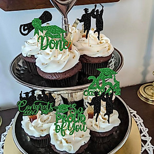 24 Pack Class of 2024 Cupcake Toppers Glitter Congrats 2024 Done Diploma Cupcake Picks for So Proud of You 2024 Graduation Theme Cake Decorations Party Supplies Green Black