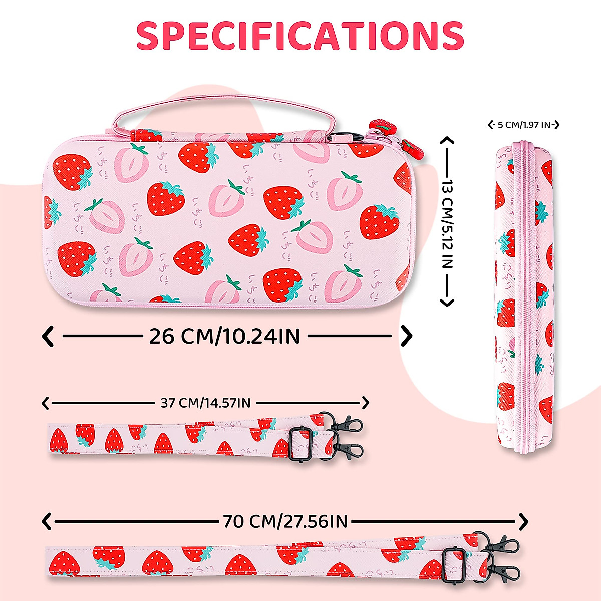 FANPL Carrying Case for Nintendo Switch and Switch OLED Accessories, Pink Strawberry Travel Case Bundle with Adjustable Shoulder Strap, Thumb Grips, Hard Switch Protective Case Cover Anti-scratch