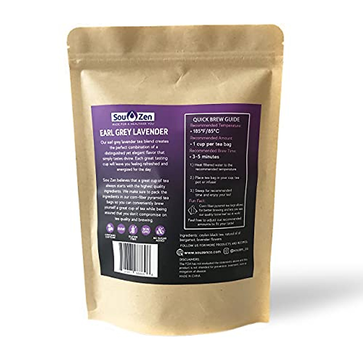 Sou Zen Earl Grey Lavender Tea 30 Corn-fiber Pyramid Tea Bags | Premium Quality Tea Leaves and Flowers | Raw and Naturally Organic Ingredients | Energizing and Revitalizing Tea with No Additives