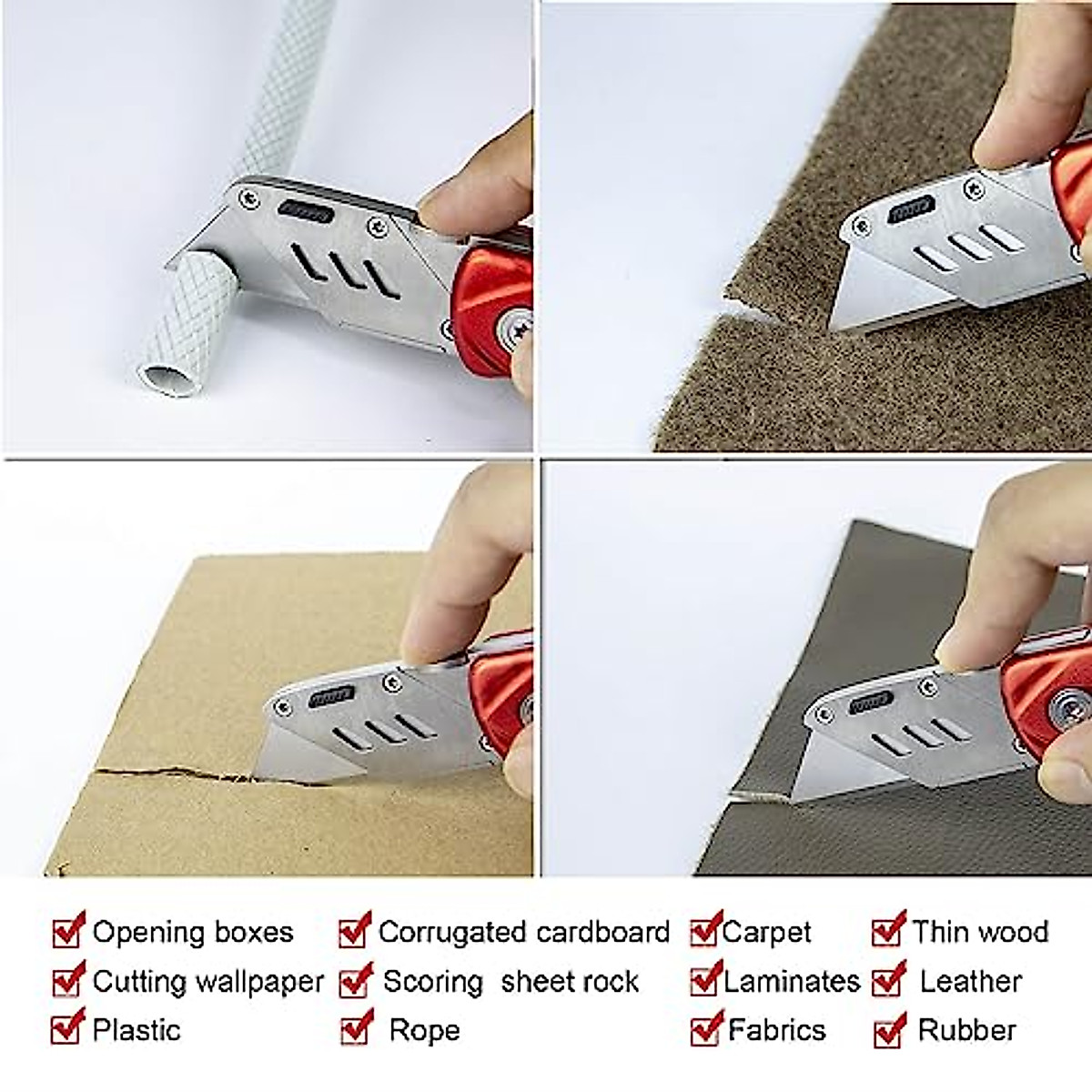 Folding Utility Knife/Box Cutter Stainless Steel with Clip + Nylon Pouch + 5 Extra SK5 Blades Red