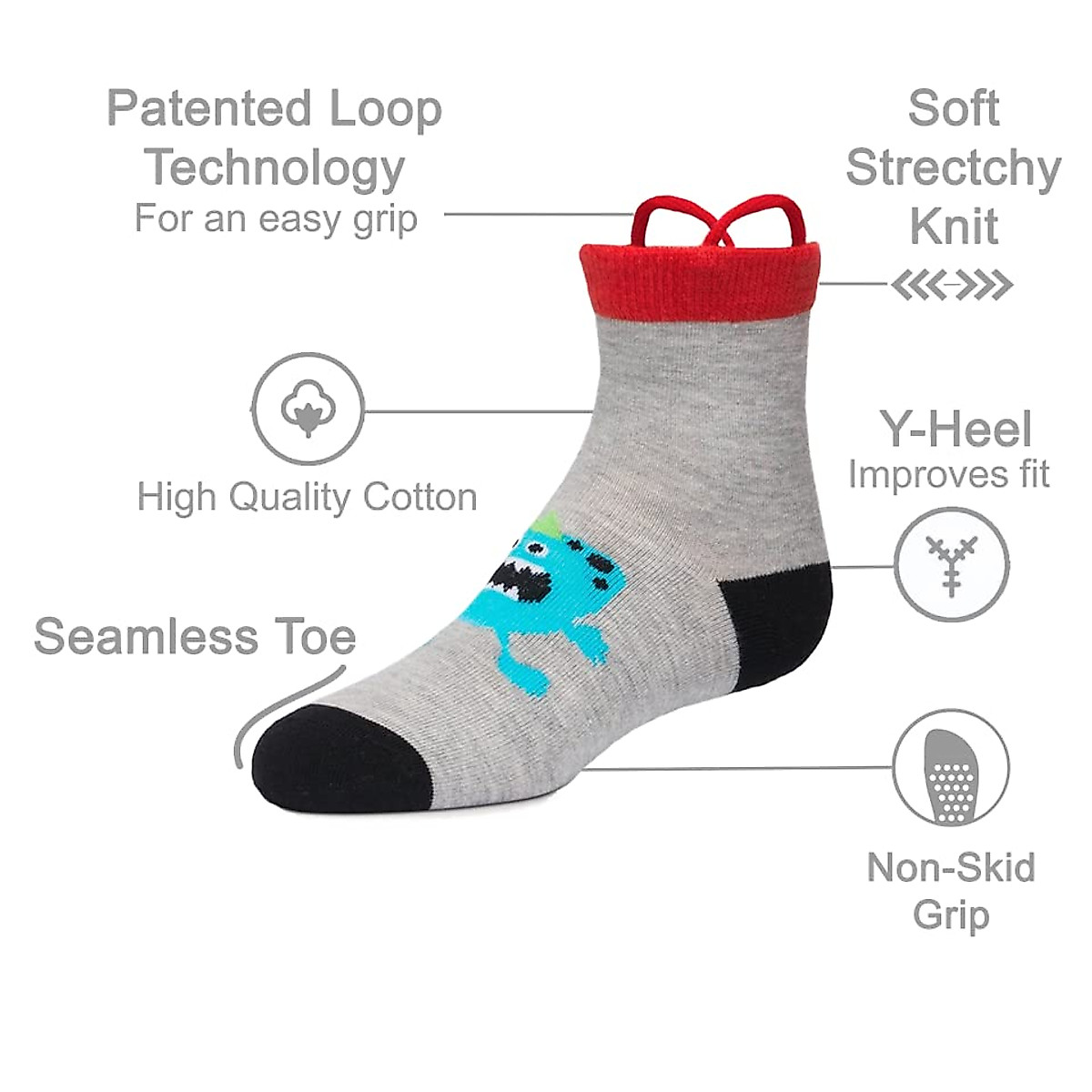 Ez Sox Toddler Boys Girls Socks Non Skid Seamless Toe Anti Slip Grip Pull Up Loops (3-5 Years, Trucks & Cars)