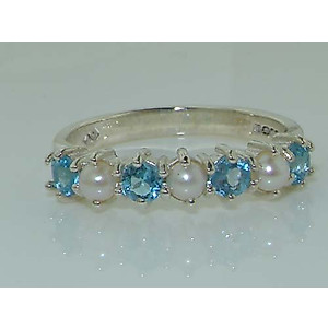 LetsBuyGold 925 Sterling Silver Cultured Pearl & Blue Topaz Womans Eternity Band Ring - Size 10