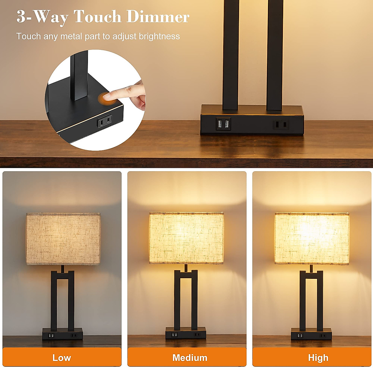 SURAIELEC Table Lamps Set of 2, Touch Control Nightstand Lamp with 2 USB Charging Port & AC Outlet, 3-Way Dimmable Table Lamp for Bedroom, Living Room, Beige Linen Lampshade, LED Bulb Included