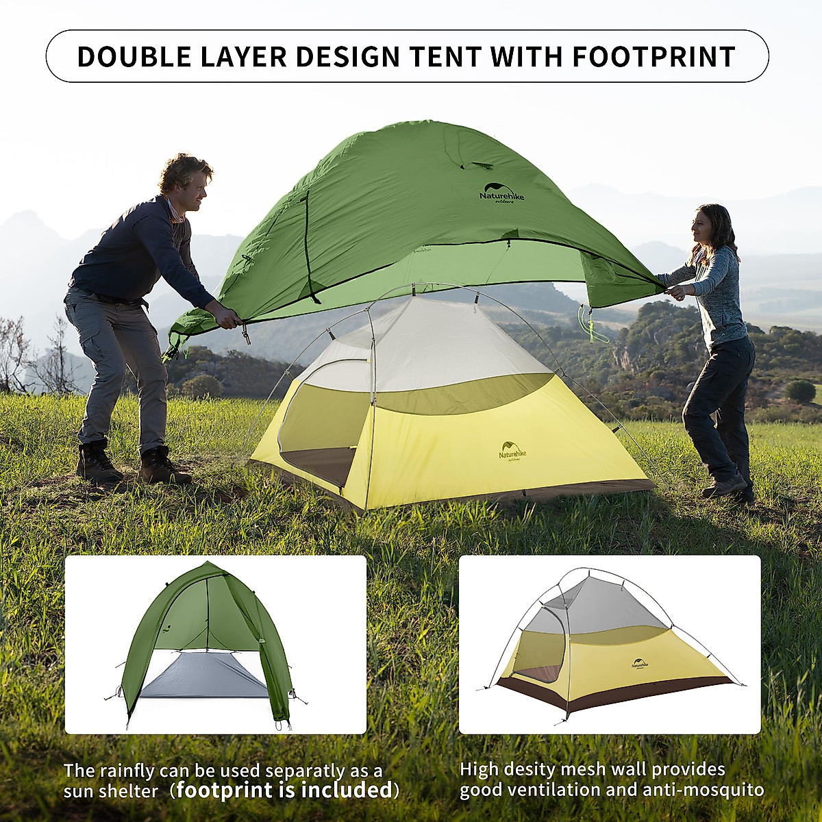 Naturehike Cloud-Up 2 Person Tent Lightweight Backpacking Tent with Footprint - Free Standing Ultralight Camping Hiking Backpack Tents Two Person Tent