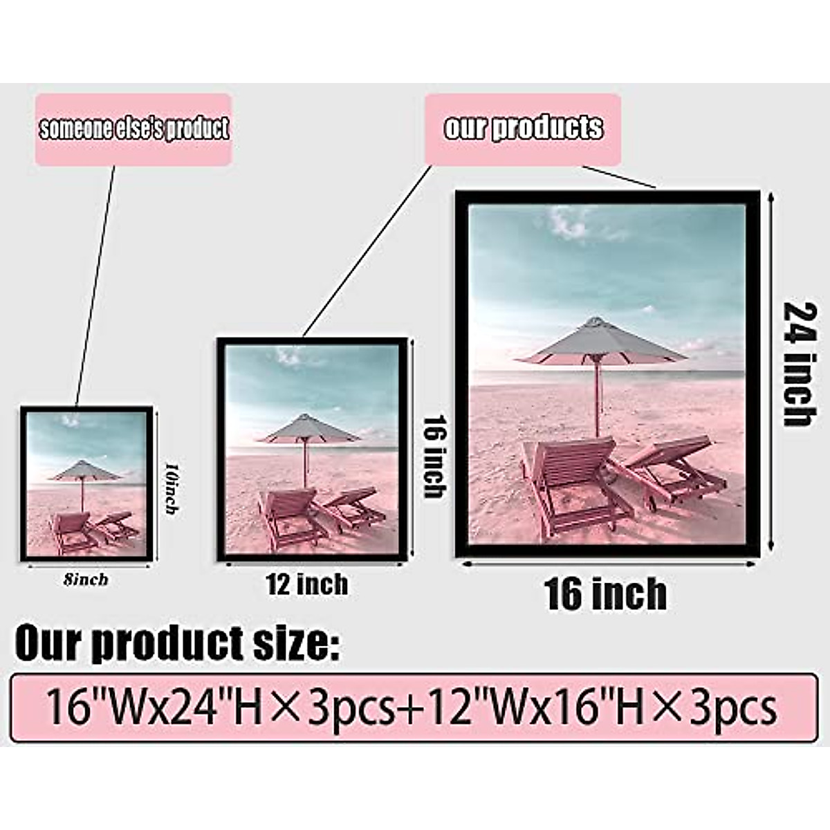 6 Set Large Beach Wall Art for living Room Bathroom Pink and Blue Seascape Themed Picture Poster Print Wall Decor Beach Chairs Starfish Surfboard Palm Tree for Teens Girl Home Decorations Unframed