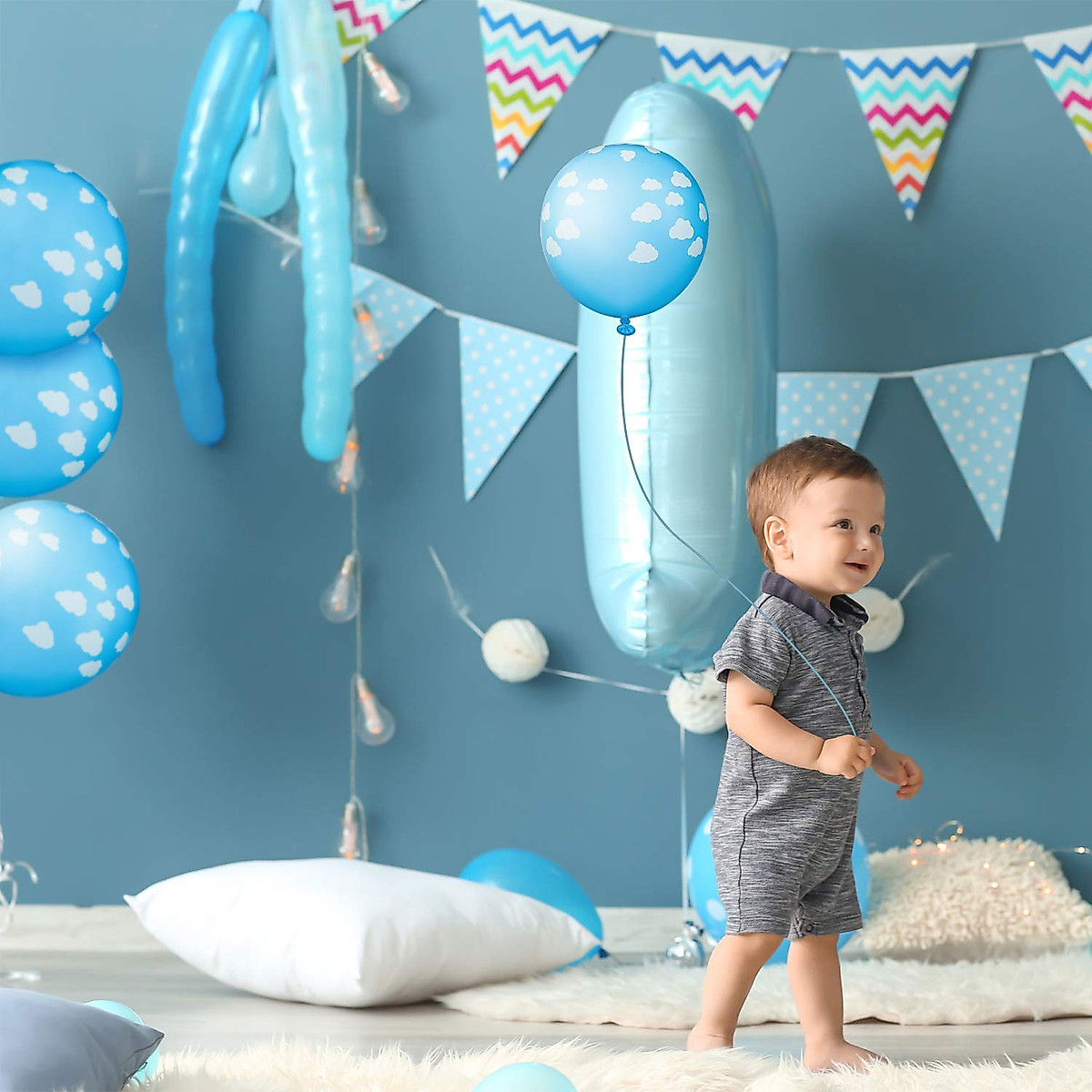 36 Pieces Blue Cloud Latex Balloons Mid Blue with Clouds Matte Balloons 12 Inches Cloud Print Light Blue Balloons for Baby Shower Boys Girls Birthday Party Supplies