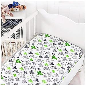 Handywa - 100% Cotton 2 Pack Fitted Crib Sheet Set for Baby and Toddler Bed Mattresses - Green Cactus and Black Stars for Boy or Girl Nursery
