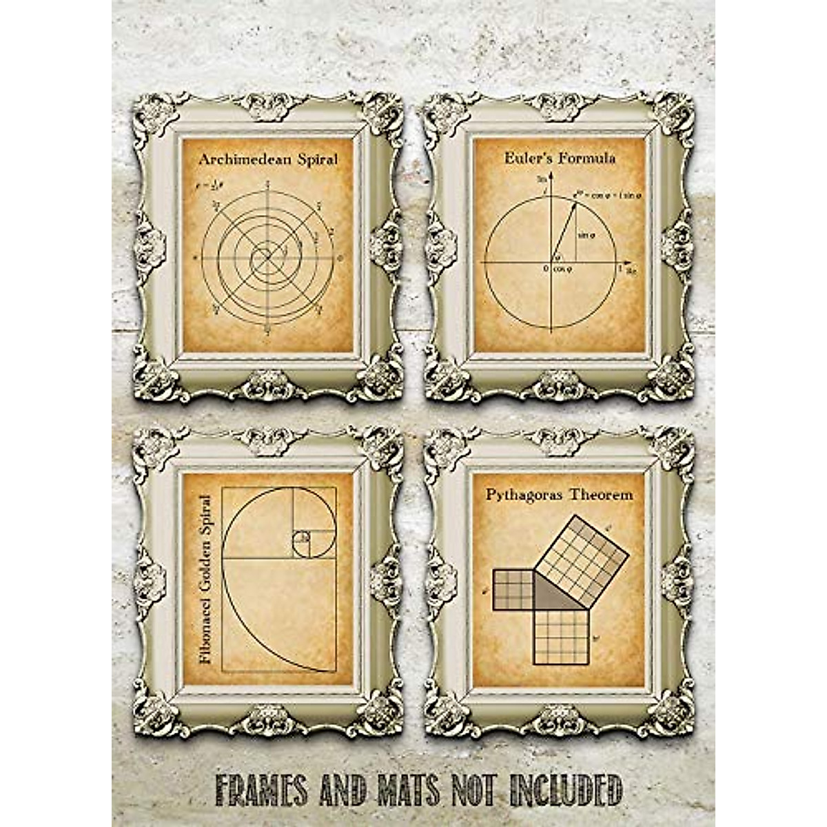 Math Art Prints-Archimedean Spiral, Euler's Formula, Fibonacci Golden Spiral, Pythagoras Theorem-Set of Four Gallery Wall 8x10 Unframed - Gift & Decor For Teachers, Classroom & Math Students Under $20