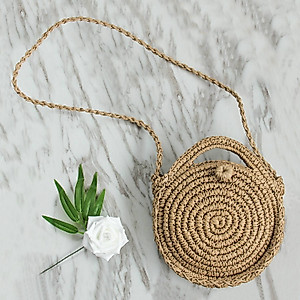 Women Round Straw Beach Bag Handwoven Summer Rattan Bag Cross Body Bag Shoulder Bag Khaki