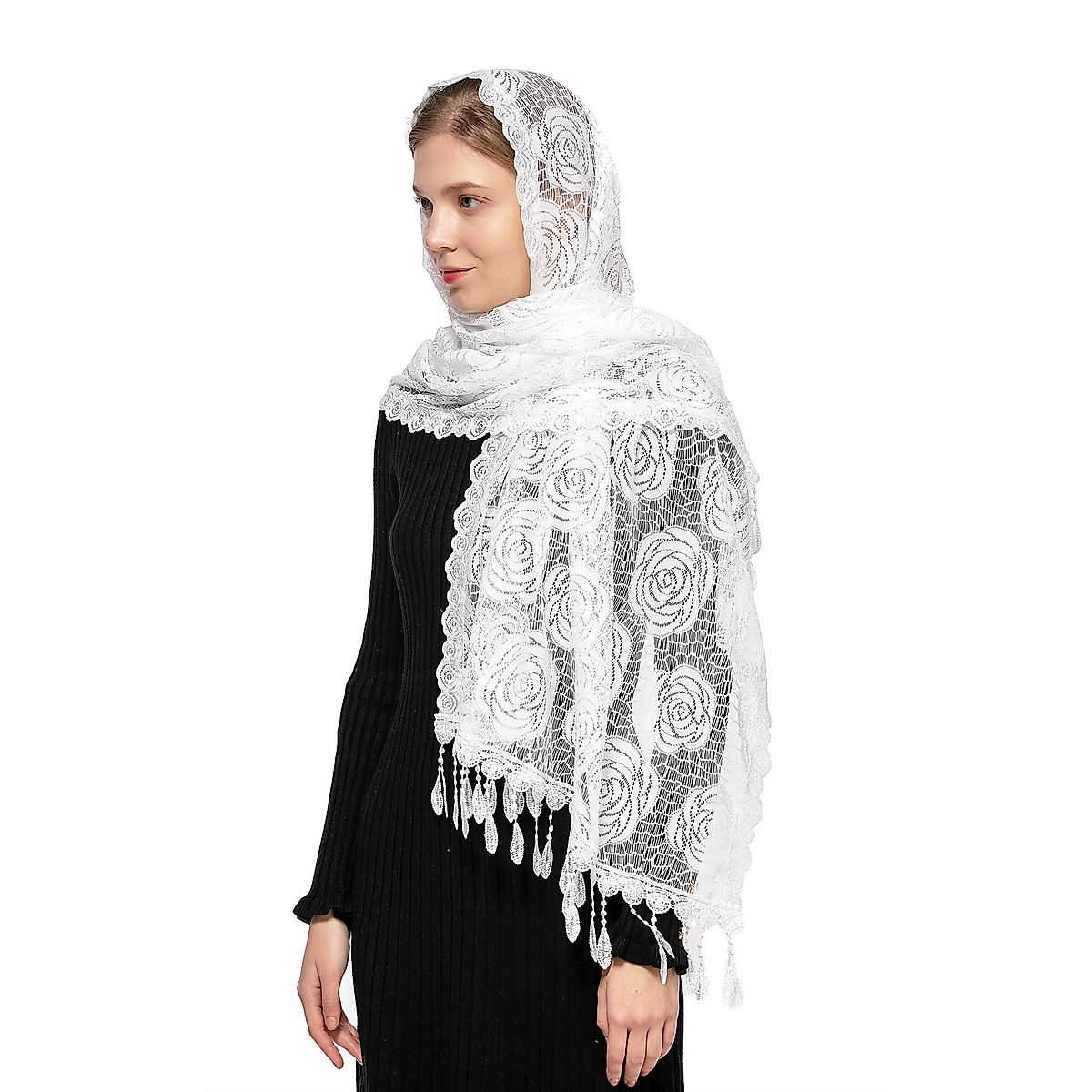 Wgior Rose Rectangular Chapel Veil Scarf Catholic Church Veils Mantilla Wrap Shawl Mass Head Covering (White)