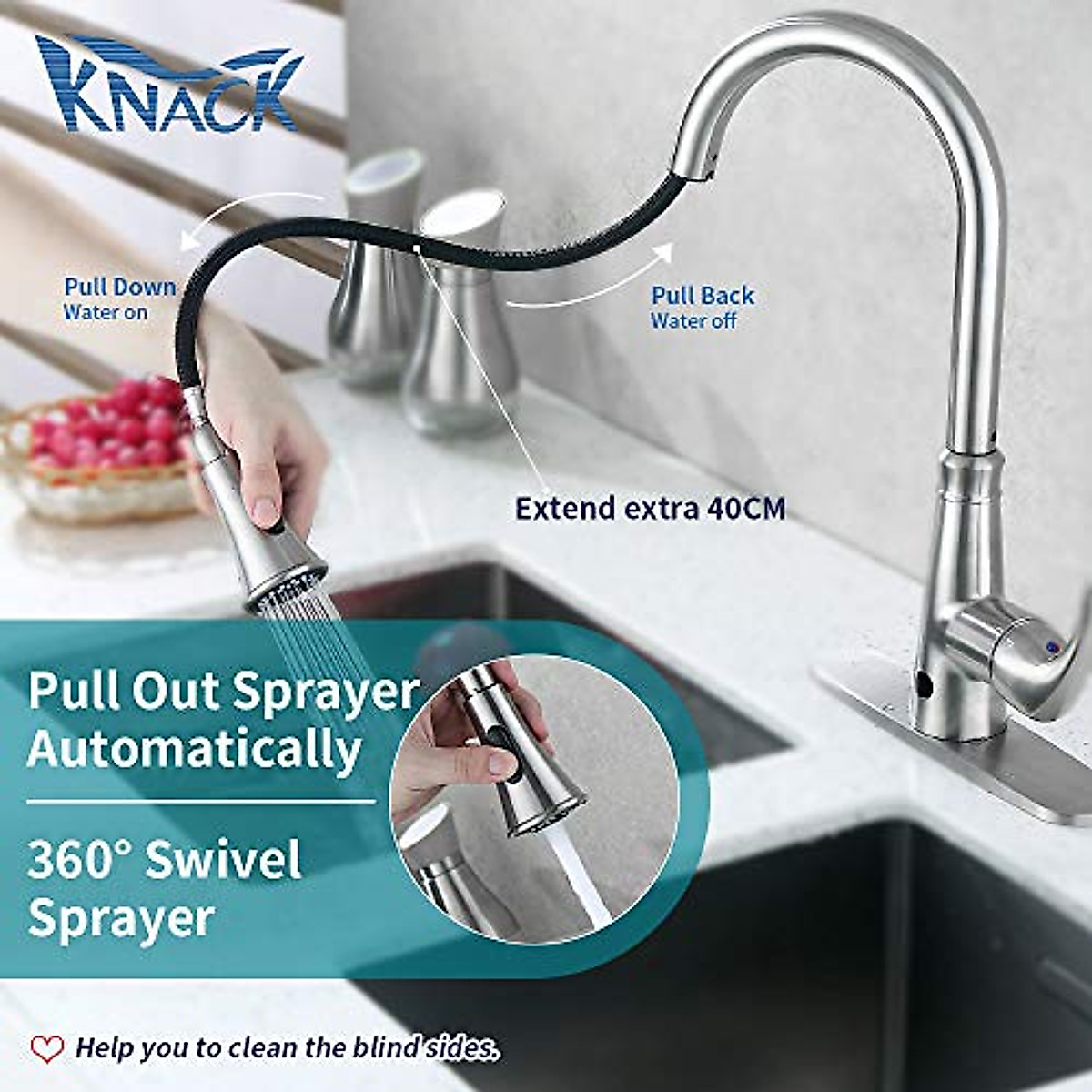 Touchless Kitchen Faucet with Pull Down Spray Head, Two Sensors Single Handle High Arc 2-Function Kitchen Sink Faucets with Pull Out Sprayer, 1&4 Hole Deck Mount, Brushed Nickel PVD,KNACK