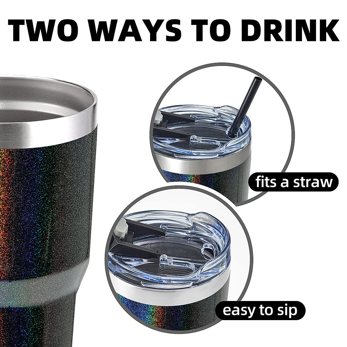 Zibtes 30oz Insulated Tumbler With Lid and Straws, Stainless Steel Double Vacuum Coffee Tumbler, Powder Coated Travel Mug for Home, Office, Travel, Party (Glitter Black 1 pack)