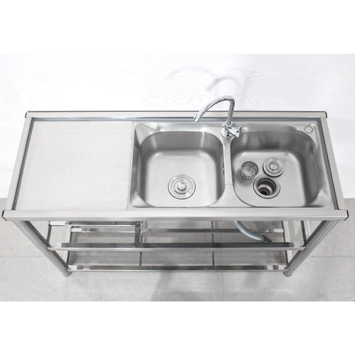 TBVECHI Commercial 304 Stainless Steel Sink 2 Compartment Free Standing Prep & Utility Sink, Large 2 Bowls Sink for Garage, Restaurant, Kitchen, Laundry Room, Outdoor (2 Compartment Sink)
