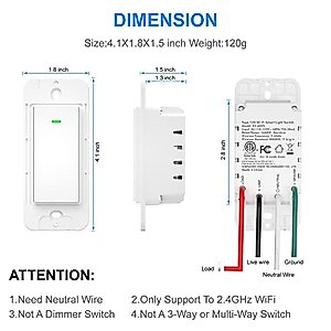 Smart Light Switch,Compatible with Alexa,Google Home, 2.4Ghz WiFi Smart Switch, Wireless Remote Control, Neutral Wire Required,Physical Button (2 Pack)