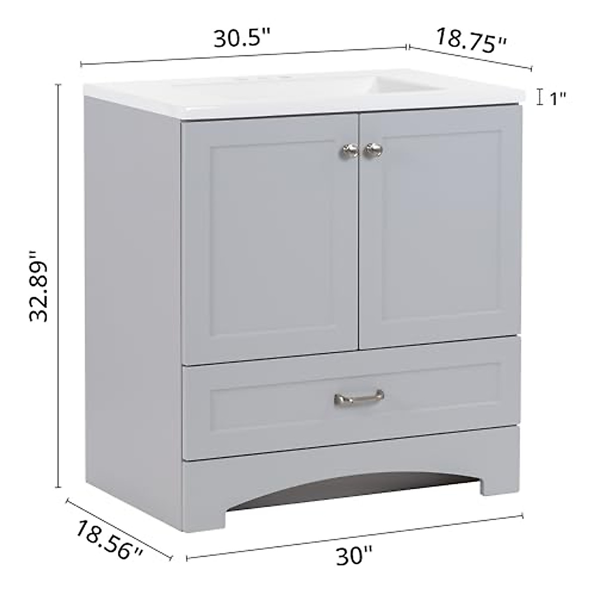 Spring Mill Cabinets Emlyn 30 Inch Bathroom Vanity with White Single Sink Top, 2-Door Cabinet, 1 Drawer, 30.5" W x 18.75" D x 32.89" H, Pearl Gray