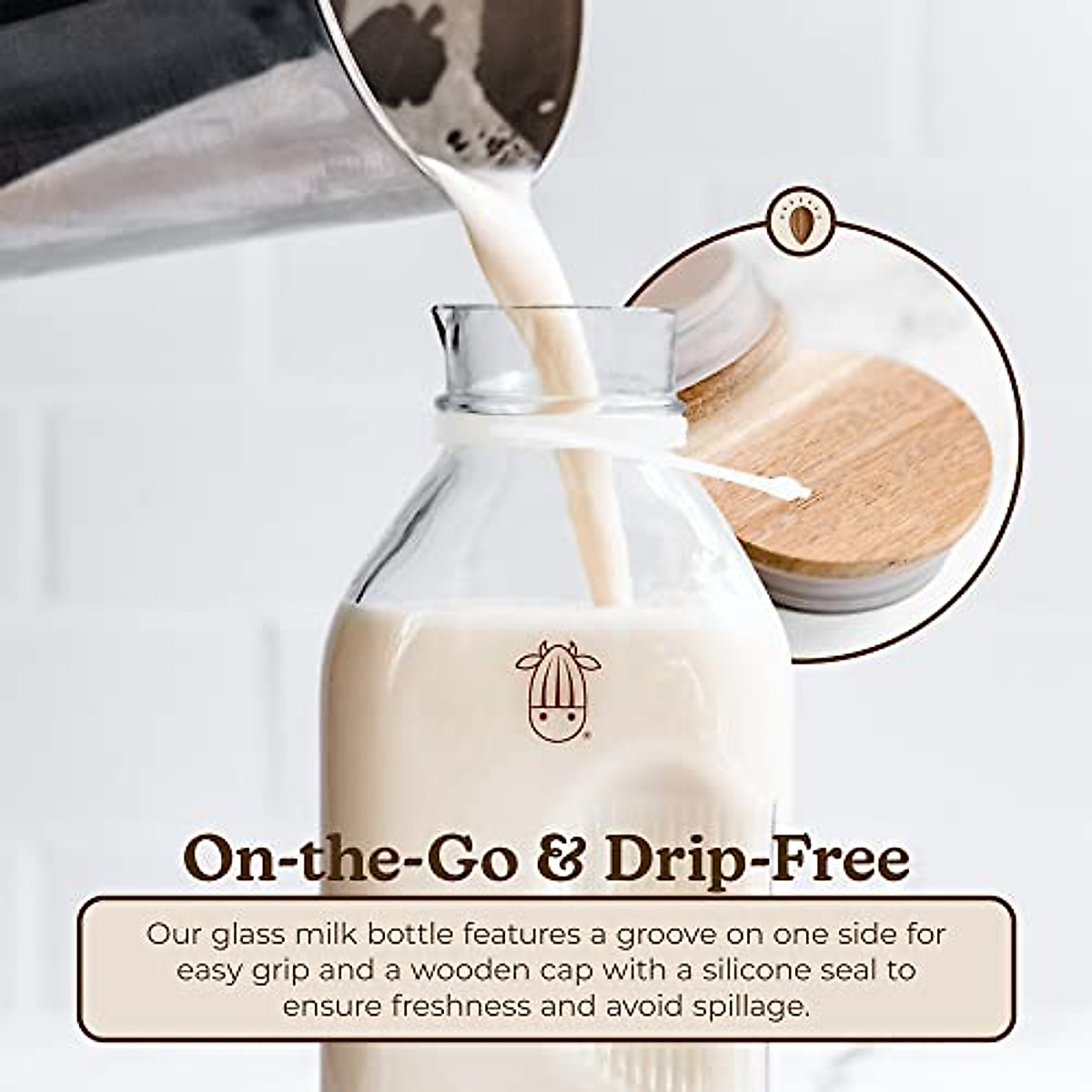 Almond Cow - Glass Pitcher with Lid and Spout, Bottle for Refrigerator, Clear Milk Jug , Food-Grade Glass Liquid Container, 60 fl oz Capacity, 5 x 4 x 10 Inches