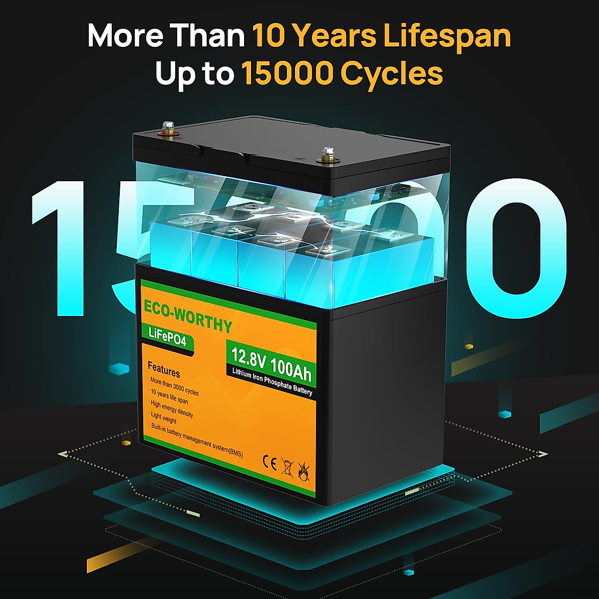 ECO-WORTHY 12V 100AH LiFePO4 Battery with 15000 Cycles, BMS - For RV, Marine, Solar Home Off-Grid System