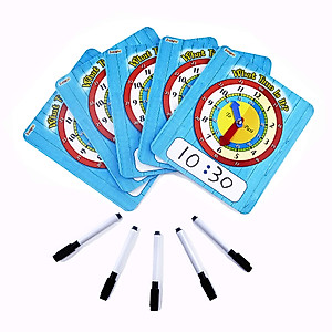 ZazzyKid Time Learning Analog Clock for Kids - Pack of 5 (7 x 8 Inches) with 5 Erasable Markers: Teach Children to Tell The Time
