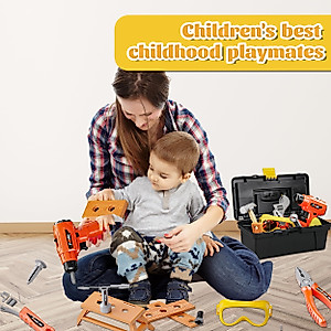 POFJOEQ Kids Tool Set – 34-Piece Kids Tool Set with Tool Box & Electronic Toy Drill - Pretend Play Toddler Toys - Inspire Imagination and Skill Development