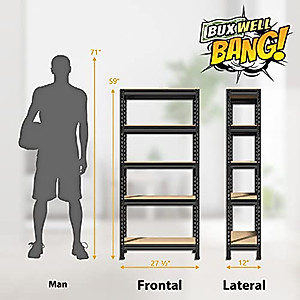 BuxWellBang 5-Shelf Heavy Duty Shelving - Adjustable Garage Storage Shelves, Metal Utility Storage Racks for Warehouse Pantry Basement Kitchen, Garage Organizers Shelf Unit, Black