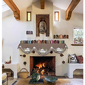 Embroidered Fireplace Mantel Scarf with White Daisy on Brown Linen and Cut Work (19Wx90L)