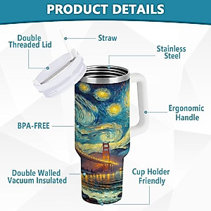 RPLIFE Golden Gate Bridge Starry Night 40oz Tumbler with Handle, Stainless Water Bottle, Insulated Coffee Tumbler