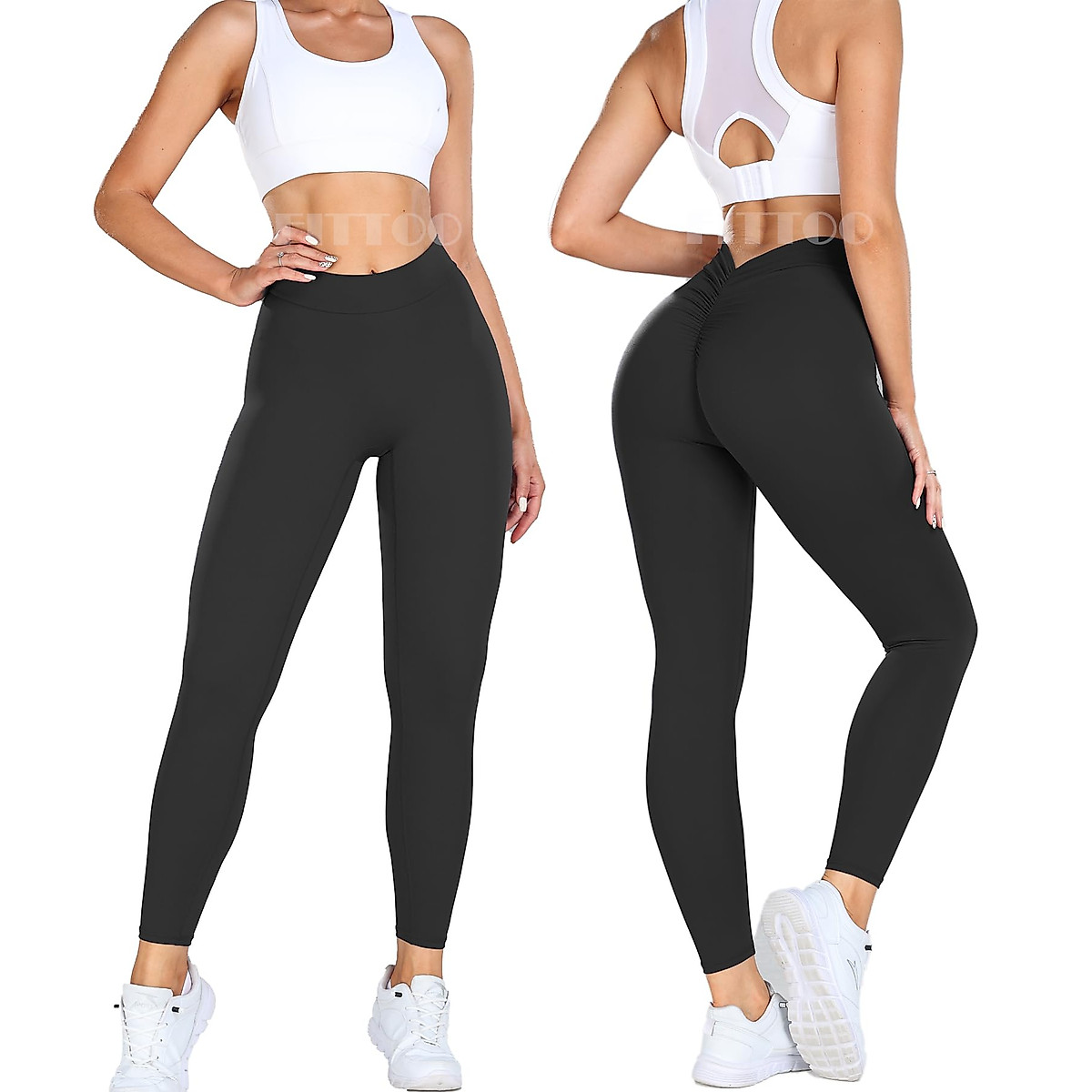 FITTOO V-Back Scrunch Butt Lift Leggings for Women High Waist Tummy Control Booty Lifting Gym Workout Yoga Pants Black Small