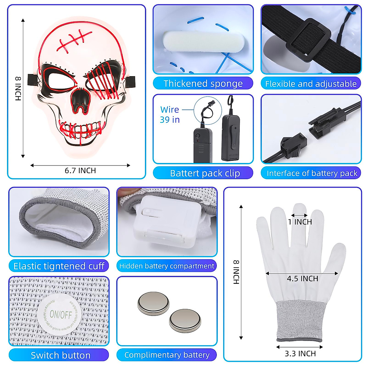 OceanWings Halloween LED Mask with Gloves Light up Costumes Scary Mask for Party Supplies Favor(Red&Gloves)