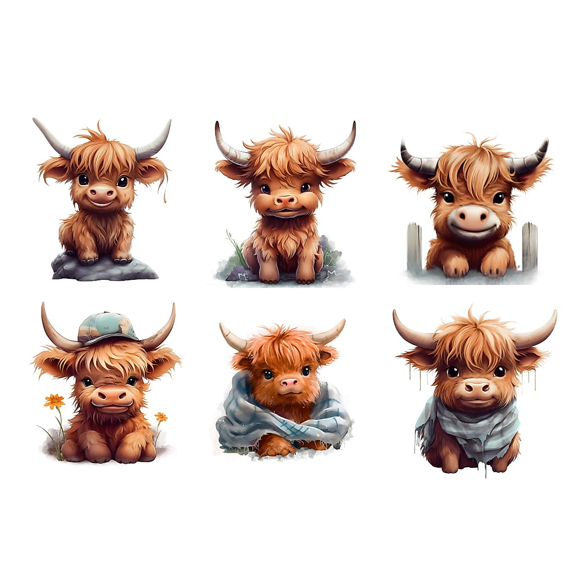 6 Piece 6"x6" Baby Highland Cows 100% Cotton Fabric Panel Squares - Quilting Panel Blocks AP1