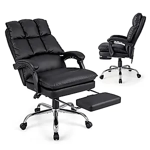 Giantex Ergonomic Office Chair with Footrest, PU Leather Reclining Chair with Padded Armrests & Soft Cushioned, Executive Office Chair, Adjustable Swivel Computer Desk Chair for Home Office, Black
