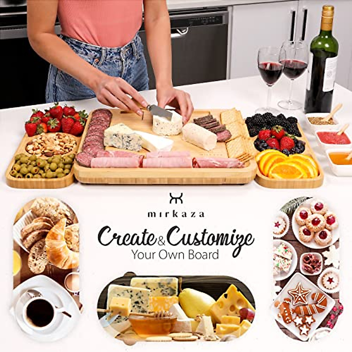 Bamboo Cheese Board and Knife Set, Wood Charcuterie Boards Set with Wine Glass Marker, Cheese boards Tray, Unique House warming Gifts for New Home, Gift Bridal Shower, Anniversary