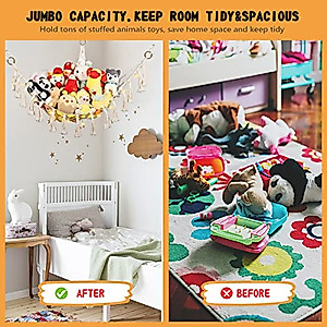 Stuffed Animal Toy Hammock Handmade Macrame Stuffed Animal Net with Photo Clips and Star String Lights, Corner Plush Toys Net Holder Hanging Mesh Toys Net for Nursery Play Room Bedroom