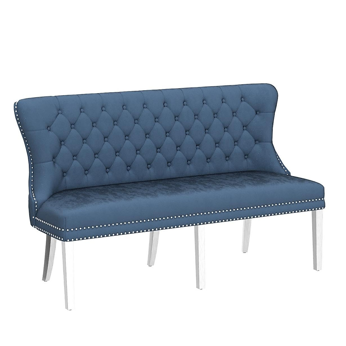 LOULENS 65'' Upholstered Velvet Settee Bench 3 Seater, Modern Tufted Banquette Bench with Back, Accent Loveseat Sofa with Stainless Steel Leg for Dining, Living Room (Blue)