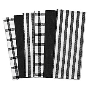 Black Kitchen Towels - Linen Dish Towels - Black and White Striped Kitchen Towels - Farmhouse Dish Towels - Black Cotton Dish Towels Machine Washable, Linen Collection Bar Dish Towels 6 Pack, 16X27