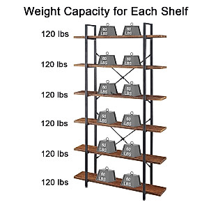 HSH Solid Wood Bookshelf, 6 Tier Tall Industrial Etagere Bookcase and Storage Shelves Heavy Duty, Rustic Large Open Vertical Metal Natural Real Wood Book Shelf for Bedroom Living Room Distressed Brown