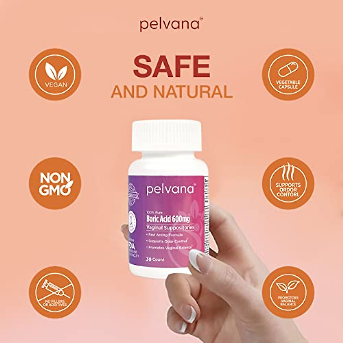 Pelvana Boric Acid Suppositories for Women 30 - for Vaginal pH Balance, Odor Control, Itching, & Discharge - Third-Party Tested & Made in The USA
