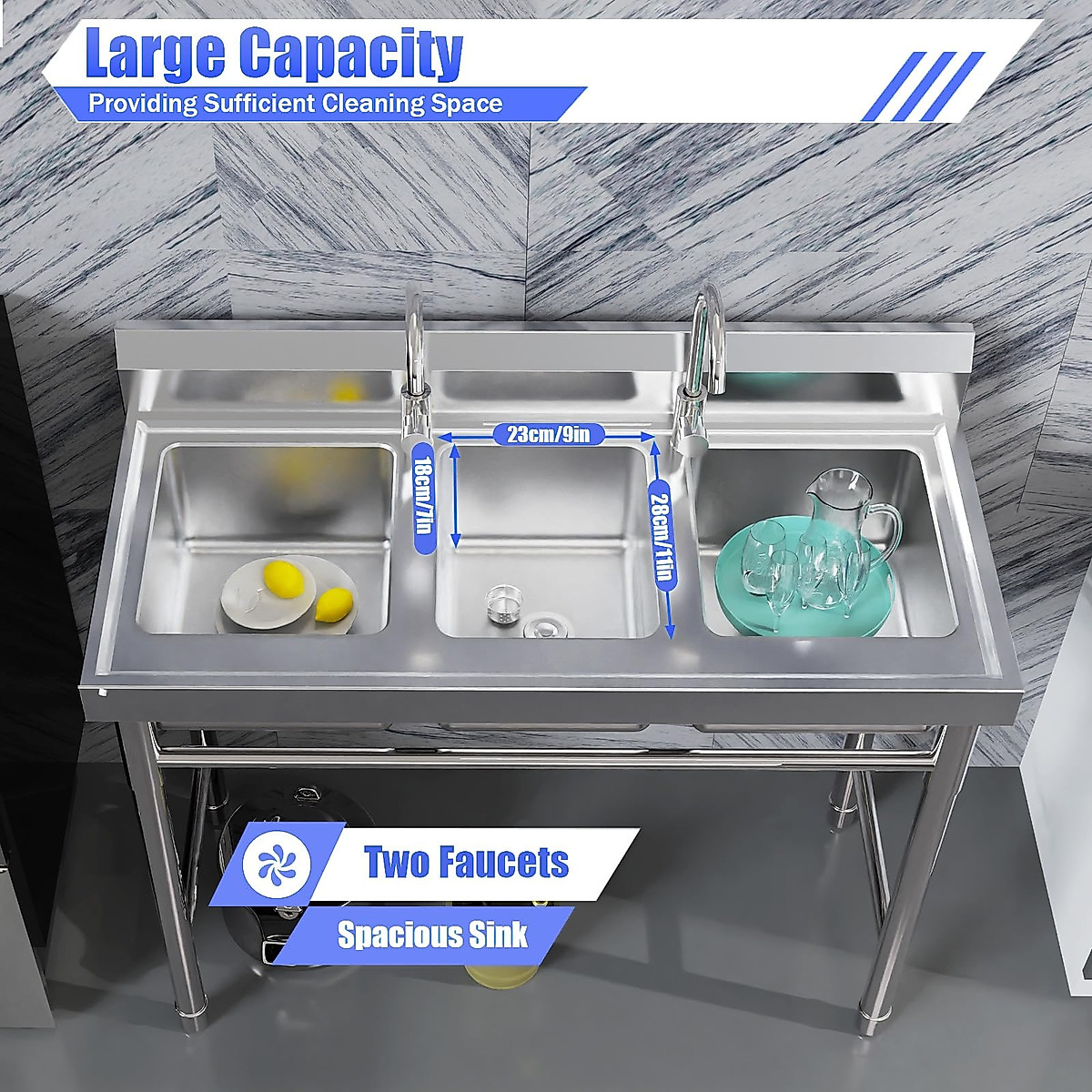 YIYIONCE 3 Compartment Sink 304 Stainless Steel Kitchen Sink Freestanding Utility Sink with 2 Hot & Cold Faucet Commercial Triple Bowl Sink for Bar, Restaurant Each Sink 11"L x 9"W x 7"H| US STOCK