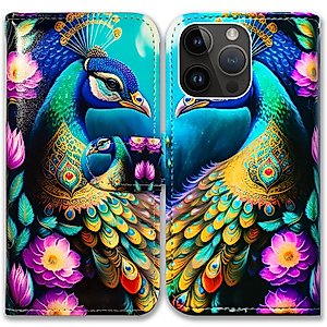 Bcov iPhone 15 Pro Case,Colorful Peacock Mandala Flowers Leather Flip Phone Case Wallet Cover with Card Slot Holder Kickstand for iPhone 15 Pro