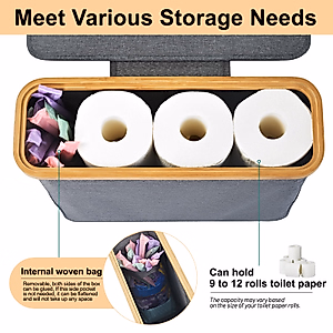 REWXXD Toilet Paper Storage, Toilet Paper Basket with Lid and Pockets, Toilet Paper Holder, Bamboo Bathroom Organizer, Tampon Storage(Gray)