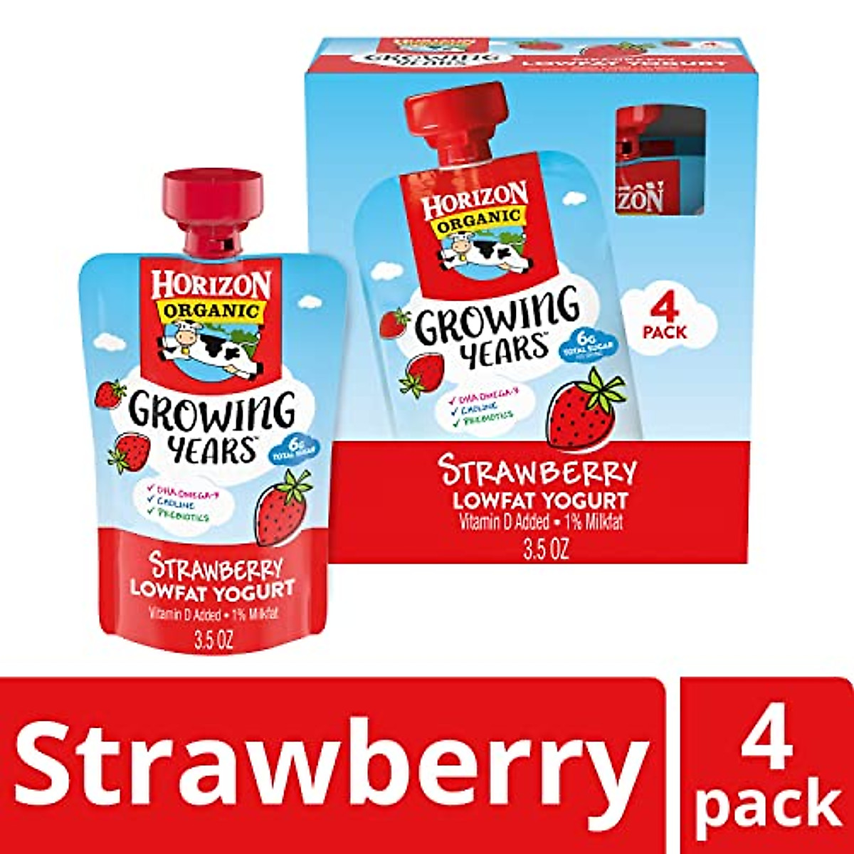 Horizon Organic Growing Years Low Fat Yogurt Pouch with 50mg DHA Omega-3 and Choline, Strawberry, 3.5 oz., 4 Pack