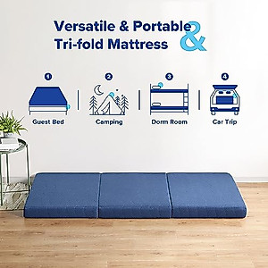 Olee Sleep Tri-Folding Memory Foam Mattress Topper, 4 Inch Gel Folding Mattress for Camping, Foldable Guest Bed, CertiPUR-US Certified, Soft, Blue, Twin Size