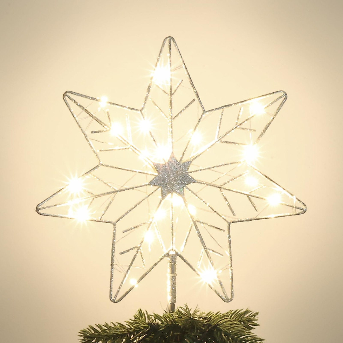 YEAHOME Christmas Tree Topper, Lighted Hollow 7-Point Star Tree Topper, Wire Star for Christmas Treetop with 20 LED Lights Xmas Tree Topper for Christmas Tree Ornament Decoration, Silver Glittered