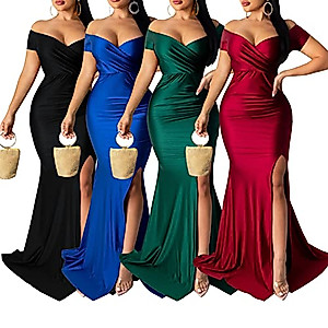 Uni Clau Women's Sexy Off Shoulder Dress High Split Short Sleeve Evening Long Bodycon Maxi Dress V Neck Cocktail Party Club Gown Black 2XL