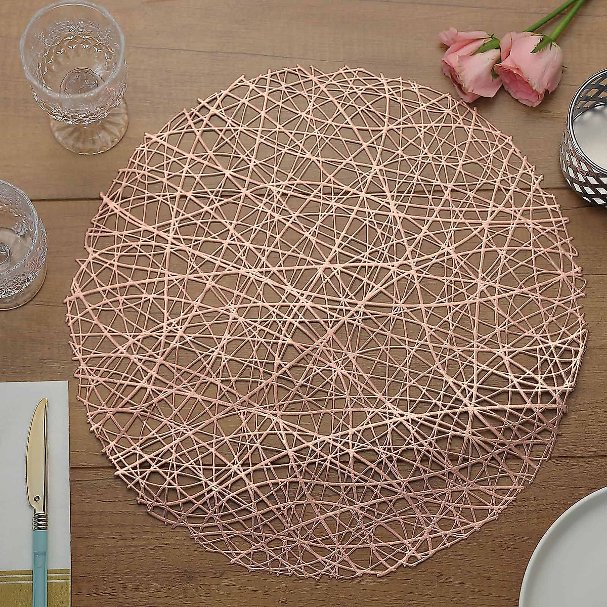 TABLECLOTHSFACTORY 6 Pack | 15" Rose Gold Round Woven Vinyl Placemats | Non Slip Dining Table Placemats for Wedding Events Birthday Party