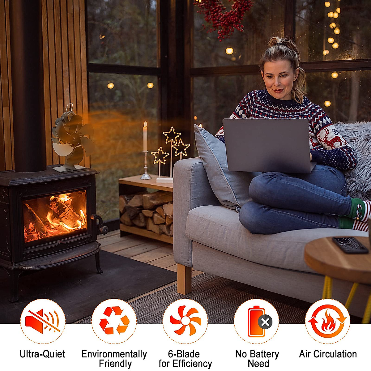 Hanaoyo Wood Stove Fan & Magnetic Stove Thermometer, 6 Blades Wood Stove Fan Heat Powered, Fireplace Fan with Magnetic Thermometer, Non Electric Fan for Wood/Gas/Log Burner Stove