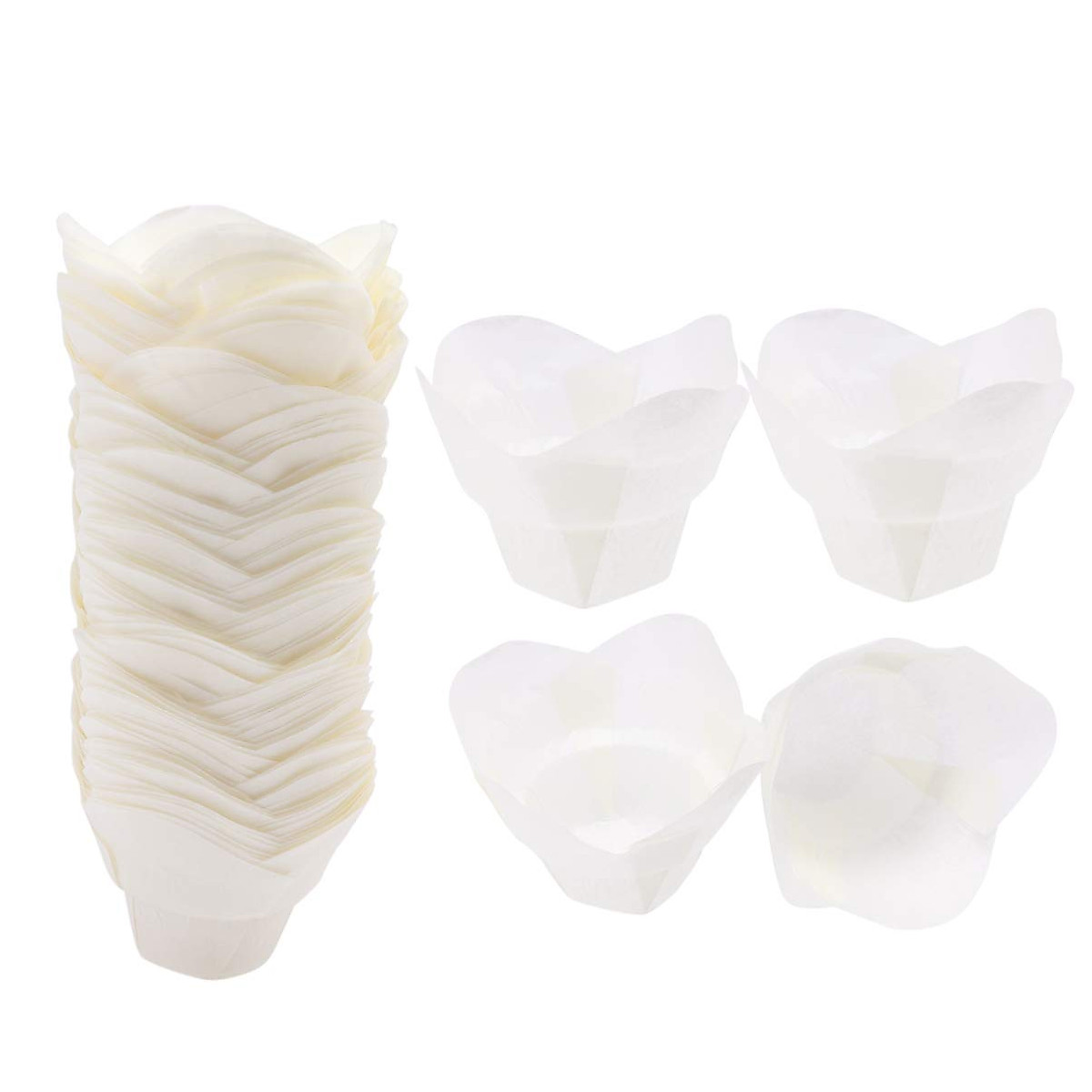 Cabilock 100pcs Mini Paper Baking Cups Lotus Shape Grease Proof Cupcake Liners For Cake Balls Muffins Cupcakes Candies (White)