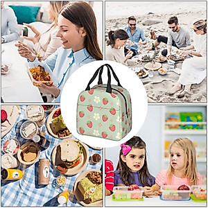 Ucsaxue Green Strawberry and Flowers Lunch Bag Small Insulated Lunch Box with Front Pocket Aesthetic Lunch Bags for Girls Boys Freezable Bento Box Women Men Lunch Boxes