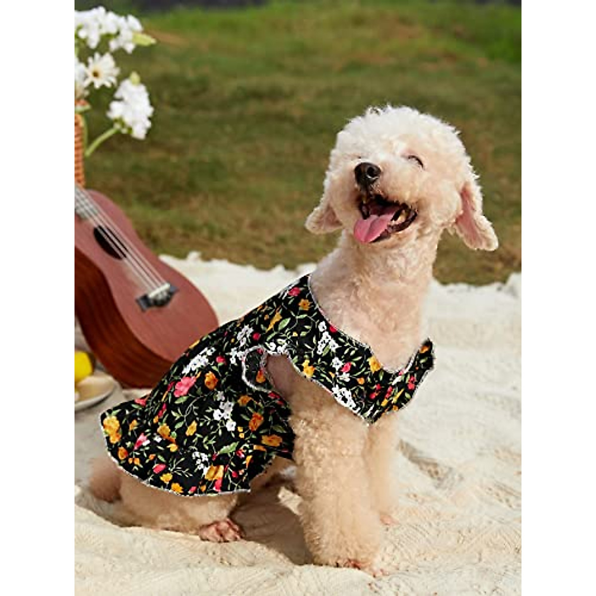QWINEE Flower Print Dog Dress Ruffle Sleeve Puppy Princess Dress Casual Lightweight Party Vacation Dresses for Small Medium Cats Dogs Black M