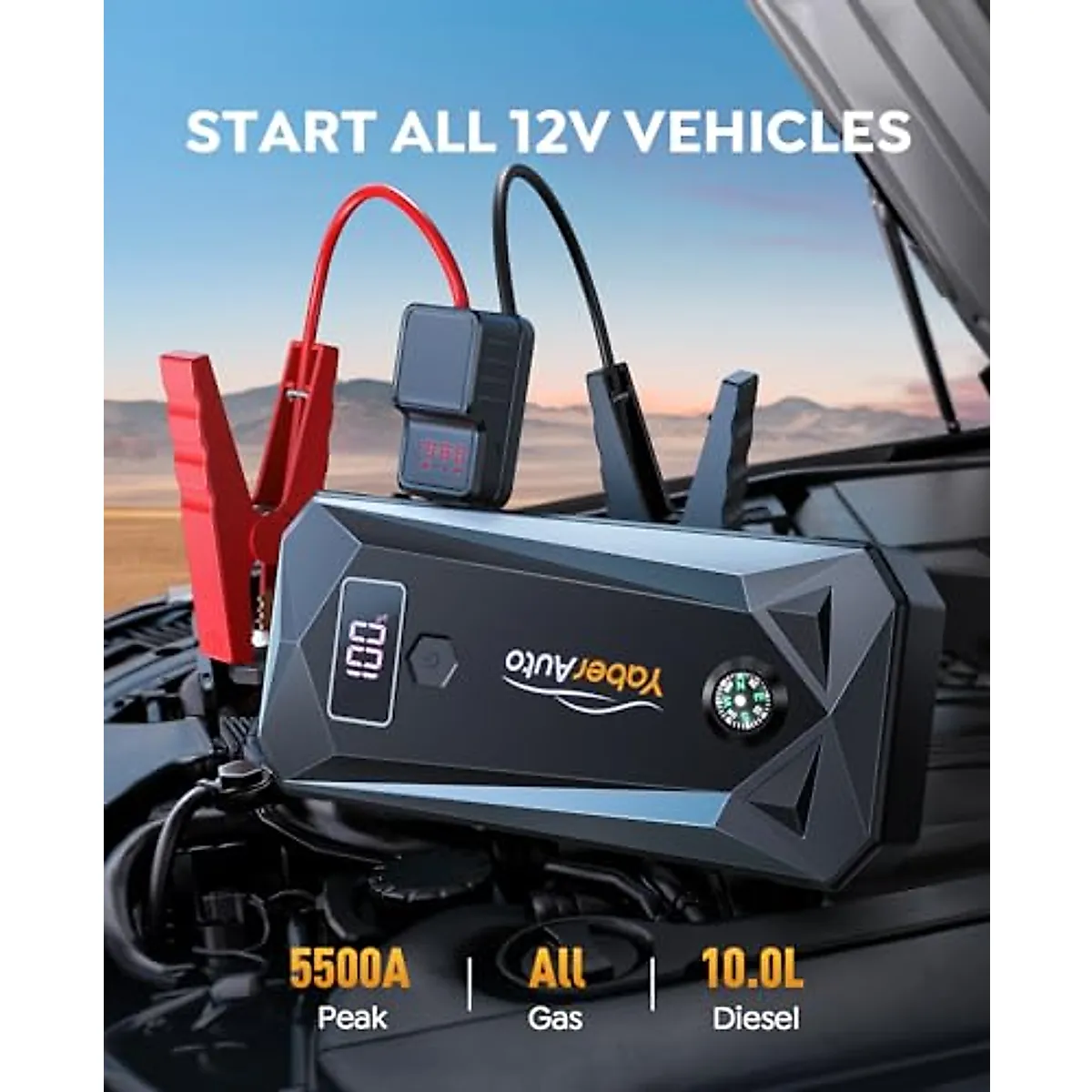 YaberAuto 5500A Car Battery Jump Starter for All Gas/10.0L Diesel Engines, 99.16Wh Portable Car Jump Starter Battery Pack, 12V Jump Box Battery Jumper Starter Portable with Safety Jumper Cables, Light