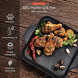 Eutuxia Stovetop Korean BBQ Grill Pan, 15.5", Non-stick Smokeless Scratch-Resistant, Cast Iron Style Aluminum, For Vegetable Egg Pork Beef Meat Garlic Cheese Kimchi Made in Korea, KBBQ, Plus Square.